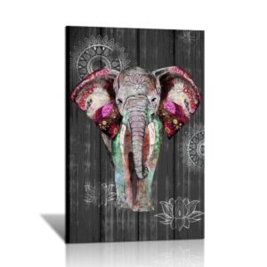 SkenoArt Animal Wall Art on Canvas Boho Bedroom Decor Elephant with Flower Pictures Bohemian Bathroom Wall Decor Mandala Wildlife Paintings Living Room Artwork Home Decorations 24"x36"