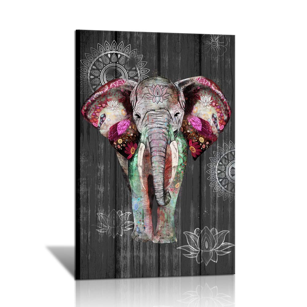 SkenoArt Animal Wall Art on Canvas Boho Bedroom Decor Elephant with Flower Pictures Bohemian Bathroom Wall Decor Mandala Wildlife Paintings Living Room Artwork Home Decorations 24"x36"