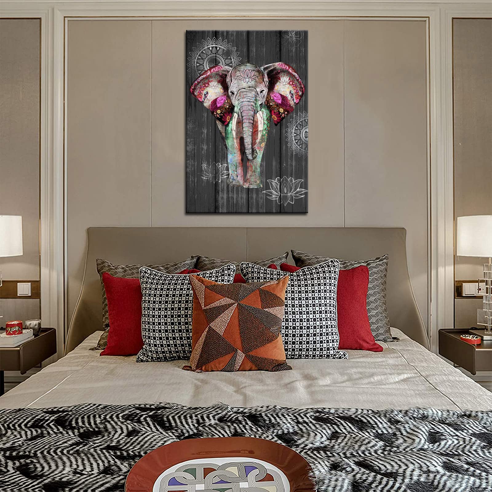 SkenoArt Animal Wall Art on Canvas Boho Bedroom Decor Elephant with Flower Pictures Bohemian Bathroom Wall Decor Mandala Wildlife Paintings Living Room Artwork Home Decorations 24"x36"