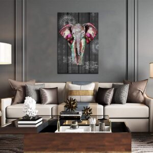 SkenoArt Animal Wall Art on Canvas Boho Bedroom Decor Elephant with Flower Pictures Bohemian Bathroom Wall Decor Mandala Wildlife Paintings Living Room Artwork Home Decorations 24"x36"