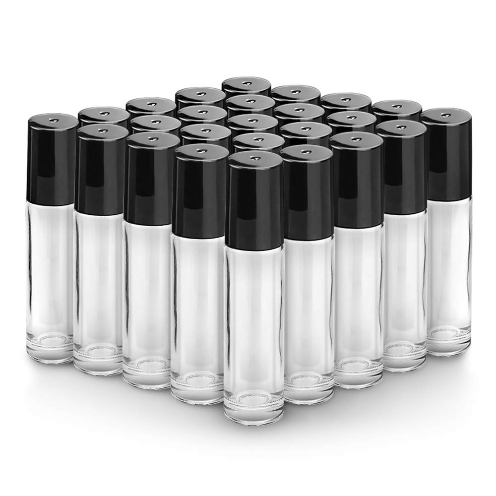 sungwoo 25 Pack Essential Oil Roller Bottles, 10ml Clear Glass Roller Bottles with Stainless Steel Roller Balls and Caps for Travel, Perfume and Lip Gloss