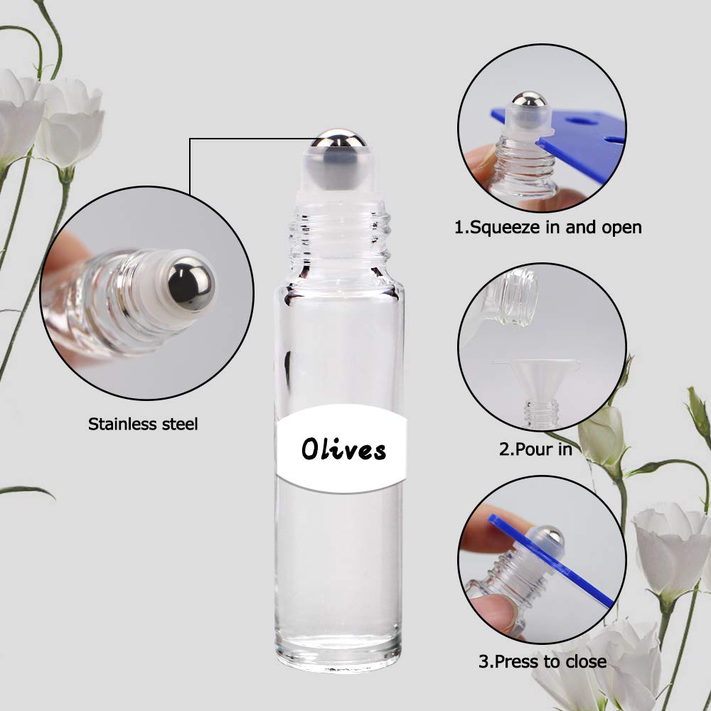 sungwoo 25 Pack Essential Oil Roller Bottles, 10ml Clear Glass Roller Bottles with Stainless Steel Roller Balls and Caps for Travel, Perfume and Lip Gloss