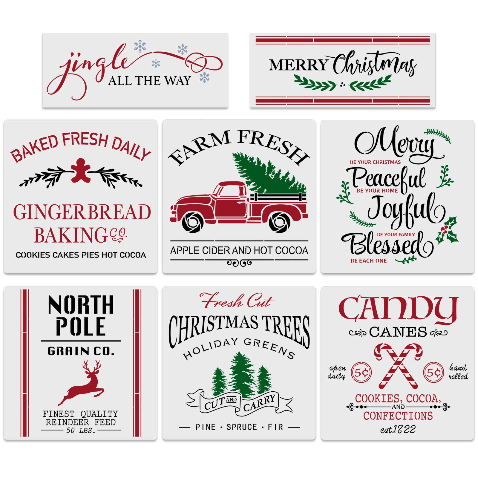 8Pcs Large Christmas Stencils-12x12 Inches Reusable Merry Christmas Stencils Including Candy Cane/Christmas Tree/Gingerbread/Reindeer/Jingle All The Way, Make Your Own Farmhouse Christmas Wood Signs