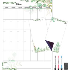 Monthly Magnetic Calendar for Refrigerator (Leaf) | Set of 3 Vertical Magnetic Dry Erase Board: Magnetic Fridge Planner 12 x 17 Inch, Shopping List & to Do List 4 x 8 Inch | 3 Markers & 1x Eraser