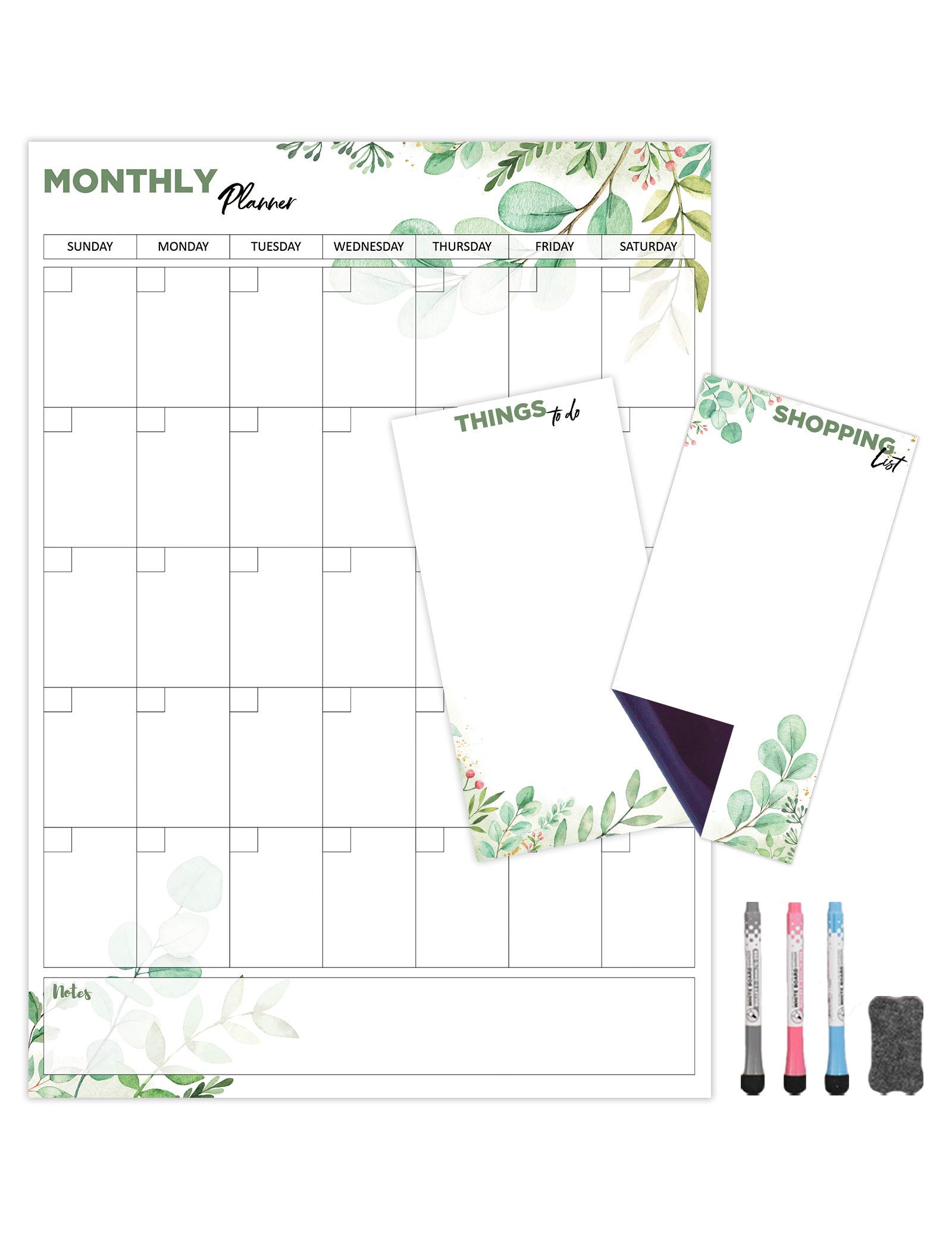 Monthly Magnetic Calendar for Refrigerator (Leaf) | Set of 3 Vertical Magnetic Dry Erase Board: Magnetic Fridge Planner 12 x 17 Inch, Shopping List & to Do List 4 x 8 Inch | 3 Markers & 1x Eraser