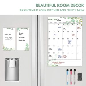 Monthly Magnetic Calendar for Refrigerator (Leaf) | Set of 3 Vertical Magnetic Dry Erase Board: Magnetic Fridge Planner 12 x 17 Inch, Shopping List & to Do List 4 x 8 Inch | 3 Markers & 1x Eraser