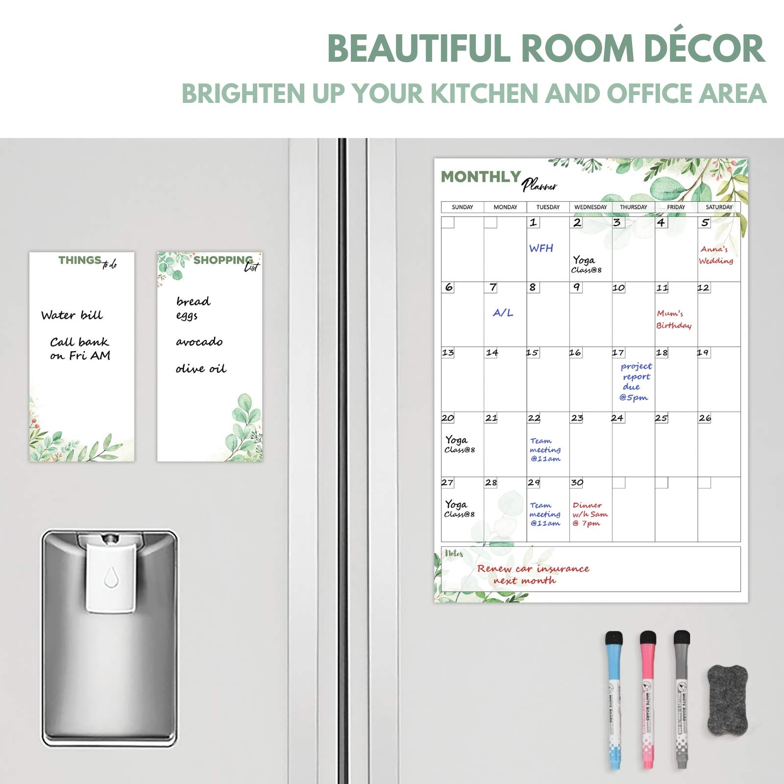 Monthly Magnetic Calendar for Refrigerator (Leaf) | Set of 3 Vertical Magnetic Dry Erase Board: Magnetic Fridge Planner 12 x 17 Inch, Shopping List & to Do List 4 x 8 Inch | 3 Markers & 1x Eraser