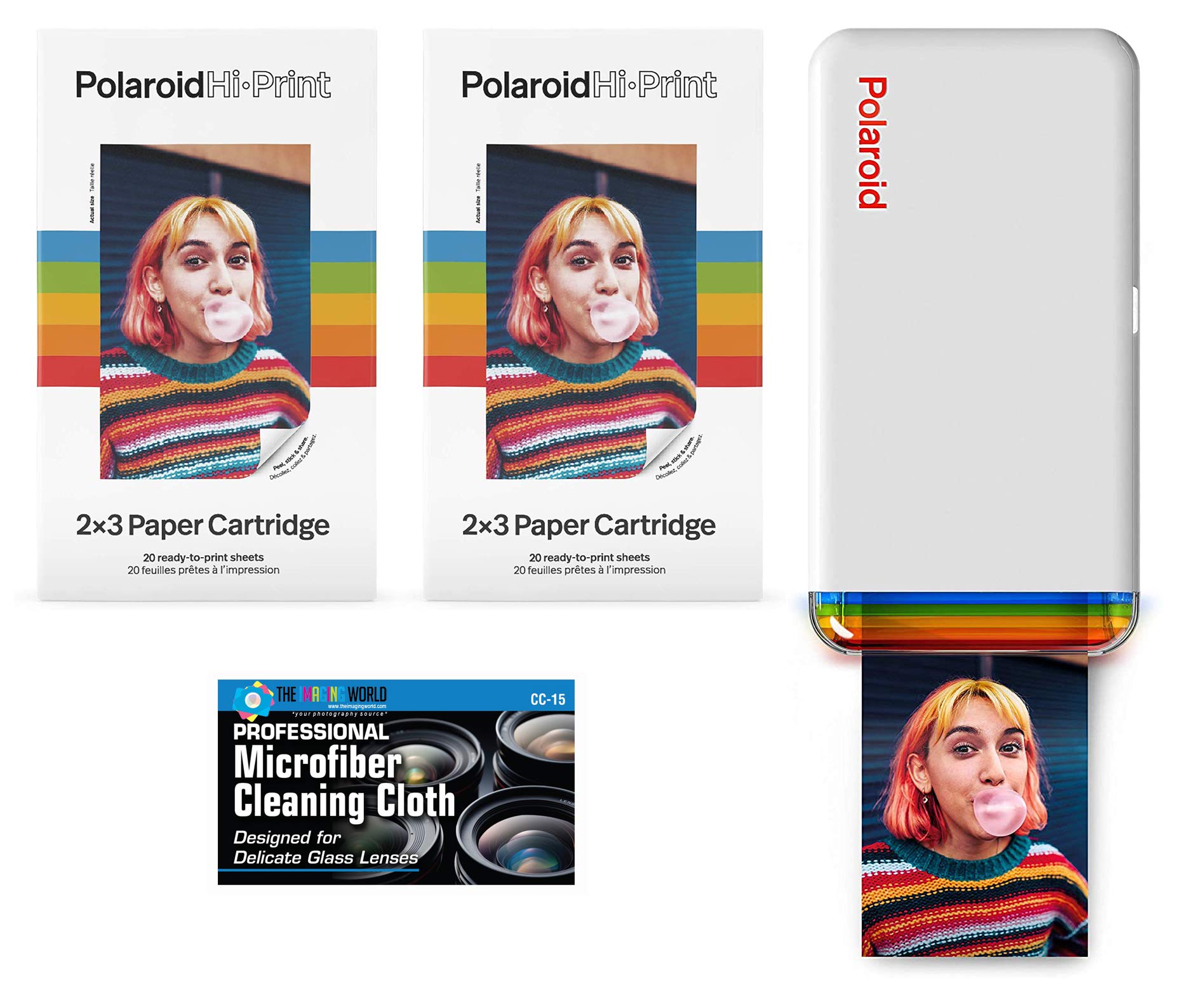 The Imaging World Polaroid Hi-Print - Bluetooth Connected 2x3 Pocket Phone Photo Printer with 2 Polaroid Hi·Print 2x3 Paper Cartridges (40 Sheets) Microfiber Cloth