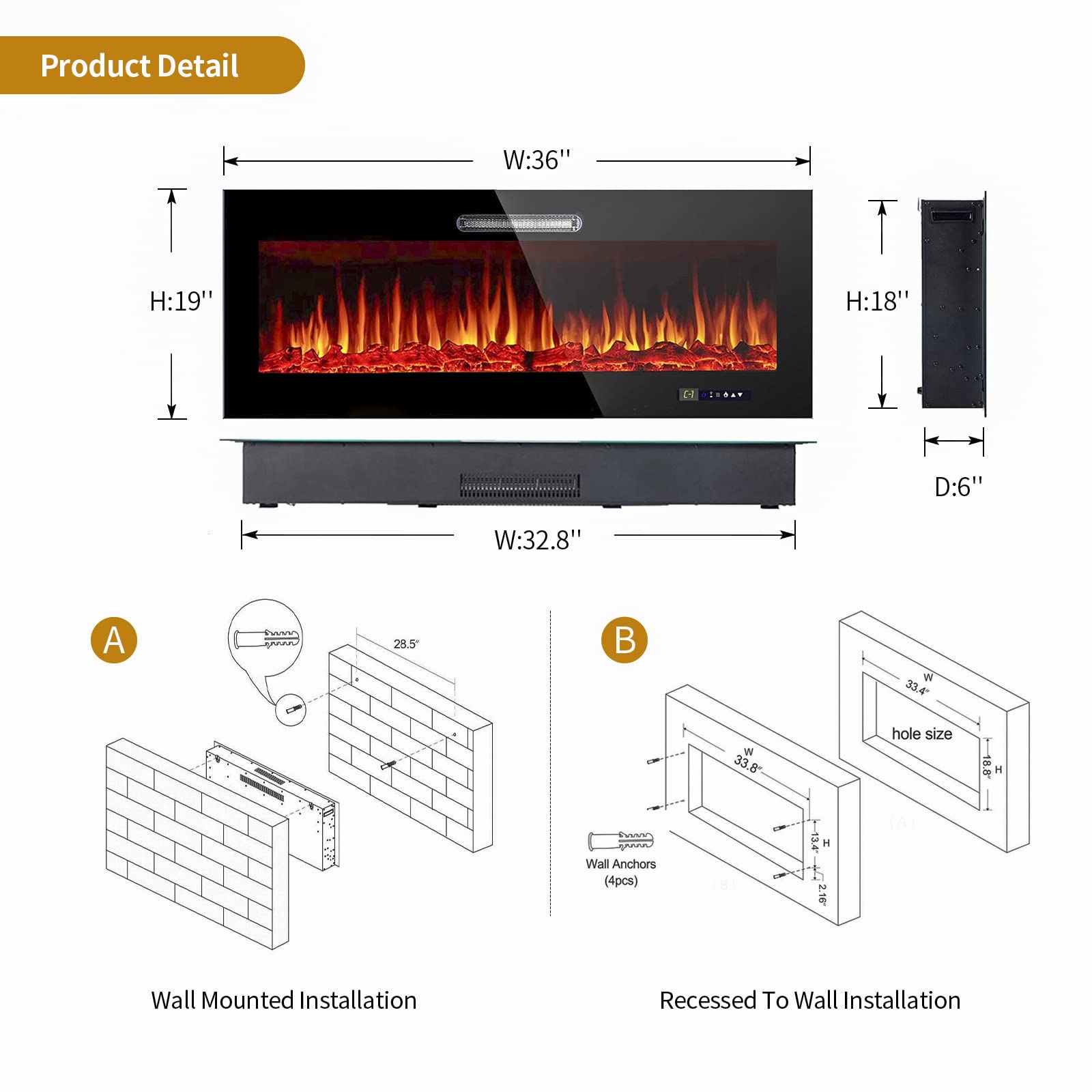 BEYOND BREEZE Electric Fireplace 36 Inches Recessed and Wall Mounted, Low Noise, Remote Control with Timer, Touch Screen, Adjustable Flame Colors and Speed