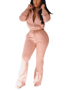 bluewolfsea tracksuit for women set - two piece outfits casual long sleeve zip top sweatshirt + bell bottoms jogging sets large pink