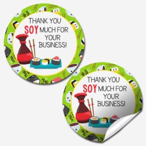 funny sushi themed thank you soy much customer appreciation sticker labels for small businesses, 60 1.5" circle stickers by amandacreation, great for envelopes, postcards, direct mail, & more!