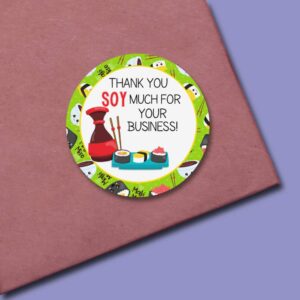 Funny Sushi Themed Thank You Soy Much Customer Appreciation Sticker Labels for Small Businesses, 60 1.5" Circle Stickers by AmandaCreation, Great for Envelopes, Postcards, Direct Mail, & More!