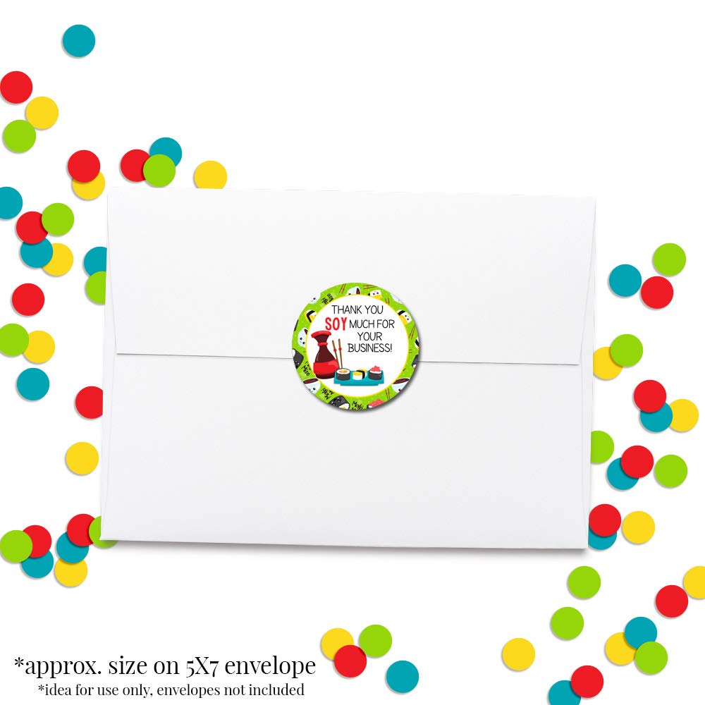 Funny Sushi Themed Thank You Soy Much Customer Appreciation Sticker Labels for Small Businesses, 60 1.5" Circle Stickers by AmandaCreation, Great for Envelopes, Postcards, Direct Mail, & More!