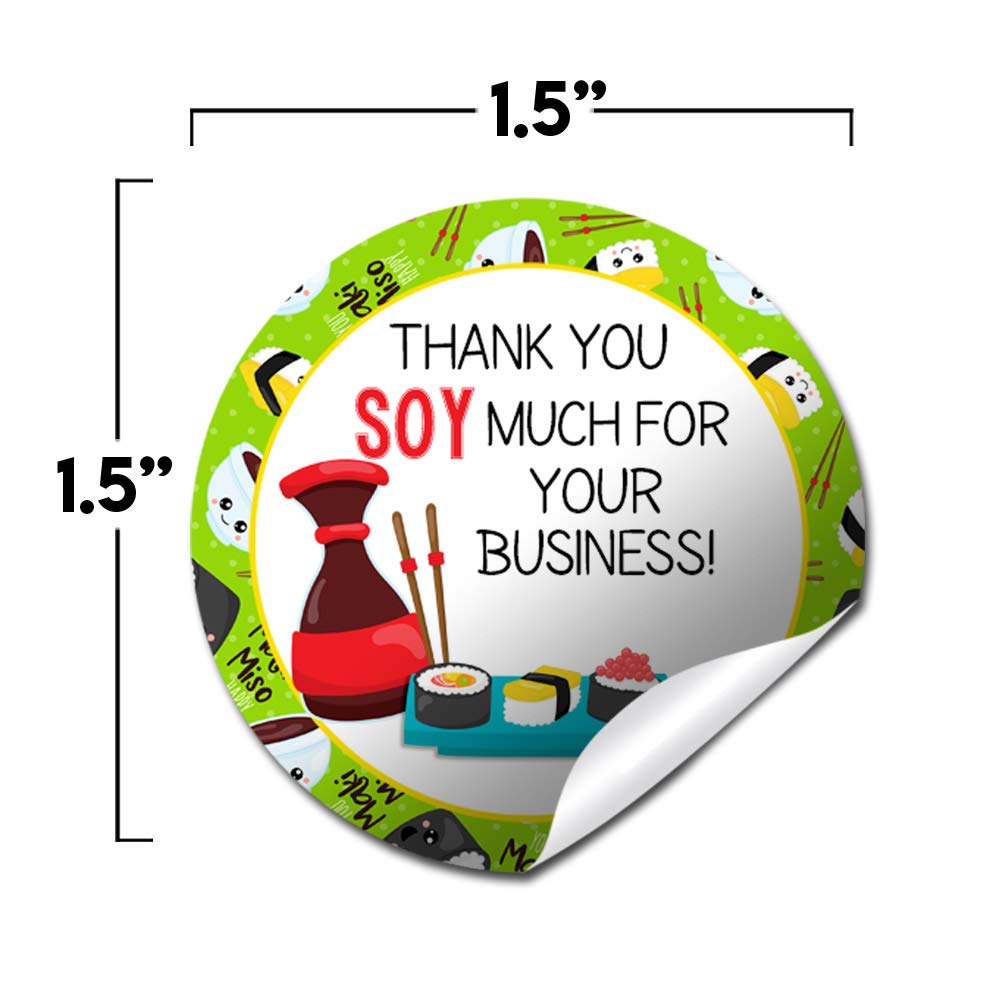 Funny Sushi Themed Thank You Soy Much Customer Appreciation Sticker Labels for Small Businesses, 60 1.5" Circle Stickers by AmandaCreation, Great for Envelopes, Postcards, Direct Mail, & More!