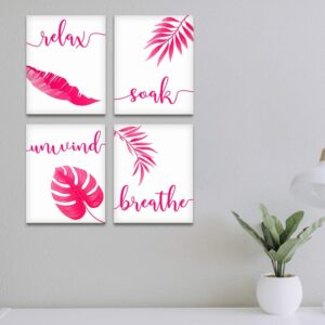 Pink Bathroom Decor - Relax, Soak, Unwind, Breathe Leaves Wall Art - Set of 4 8 x 10 Unframed Prints - Yoga Studio Art - Spa Decorative Photos - Home,Office,Classroom,Dorm Palm Tree Leaf Monstera