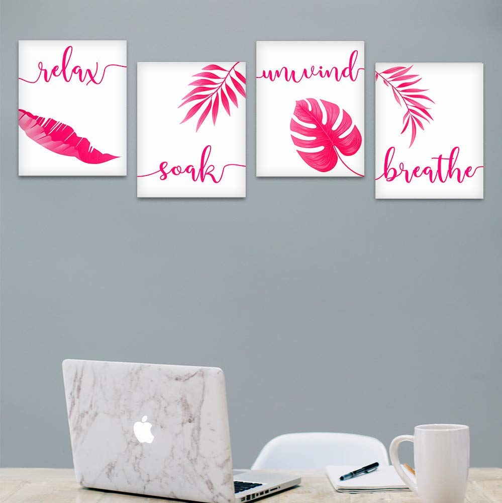 Pink Bathroom Decor - Relax, Soak, Unwind, Breathe Leaves Wall Art - Set of 4 8 x 10 Unframed Prints - Yoga Studio Art - Spa Decorative Photos - Home,Office,Classroom,Dorm Palm Tree Leaf Monstera