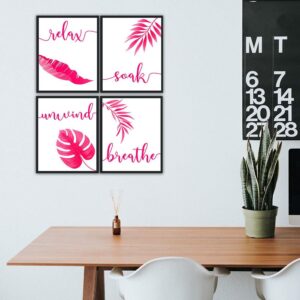 Pink Bathroom Decor - Relax, Soak, Unwind, Breathe Leaves Wall Art - Set of 4 8 x 10 Unframed Prints - Yoga Studio Art - Spa Decorative Photos - Home,Office,Classroom,Dorm Palm Tree Leaf Monstera