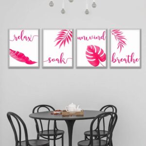 Pink Bathroom Decor - Relax, Soak, Unwind, Breathe Leaves Wall Art - Set of 4 8 x 10 Unframed Prints - Yoga Studio Art - Spa Decorative Photos - Home,Office,Classroom,Dorm Palm Tree Leaf Monstera