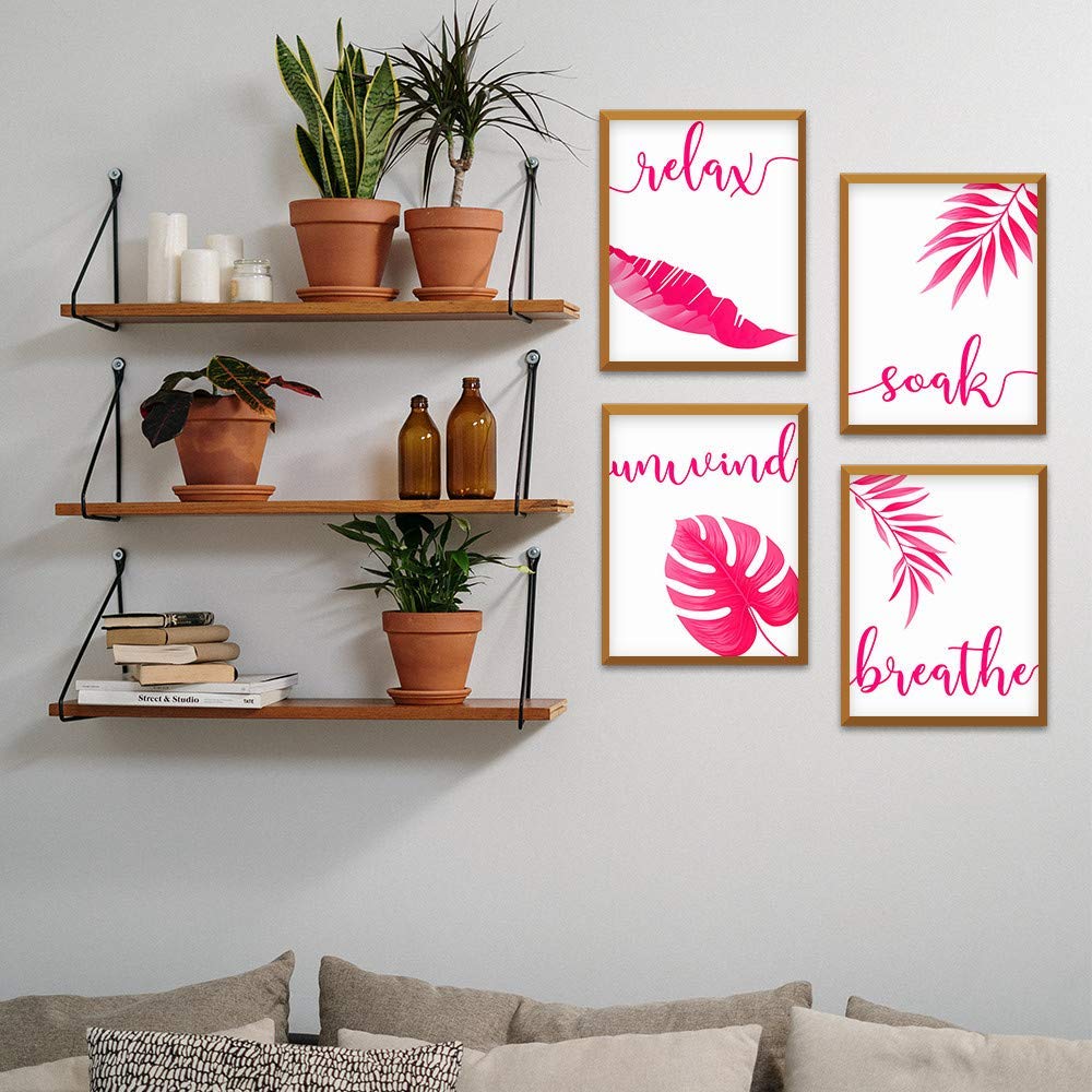 Pink Bathroom Decor - Relax, Soak, Unwind, Breathe Leaves Wall Art - Set of 4 8 x 10 Unframed Prints - Yoga Studio Art - Spa Decorative Photos - Home,Office,Classroom,Dorm Palm Tree Leaf Monstera