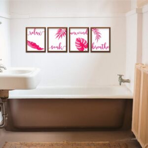 Pink Bathroom Decor - Relax, Soak, Unwind, Breathe Leaves Wall Art - Set of 4 8 x 10 Unframed Prints - Yoga Studio Art - Spa Decorative Photos - Home,Office,Classroom,Dorm Palm Tree Leaf Monstera