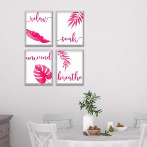 Pink Bathroom Decor - Relax, Soak, Unwind, Breathe Leaves Wall Art - Set of 4 8 x 10 Unframed Prints - Yoga Studio Art - Spa Decorative Photos - Home,Office,Classroom,Dorm Palm Tree Leaf Monstera