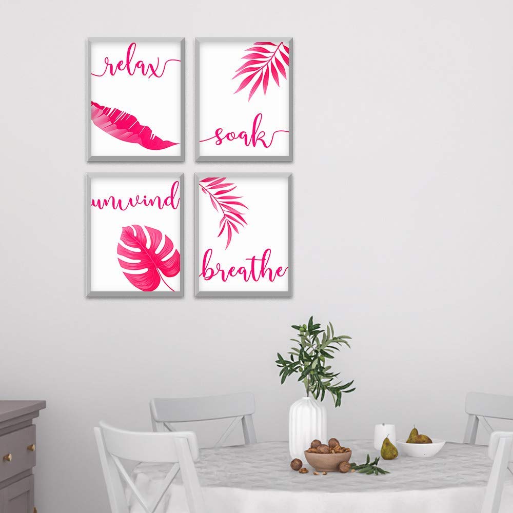 Pink Bathroom Decor - Relax, Soak, Unwind, Breathe Leaves Wall Art - Set of 4 8 x 10 Unframed Prints - Yoga Studio Art - Spa Decorative Photos - Home,Office,Classroom,Dorm Palm Tree Leaf Monstera