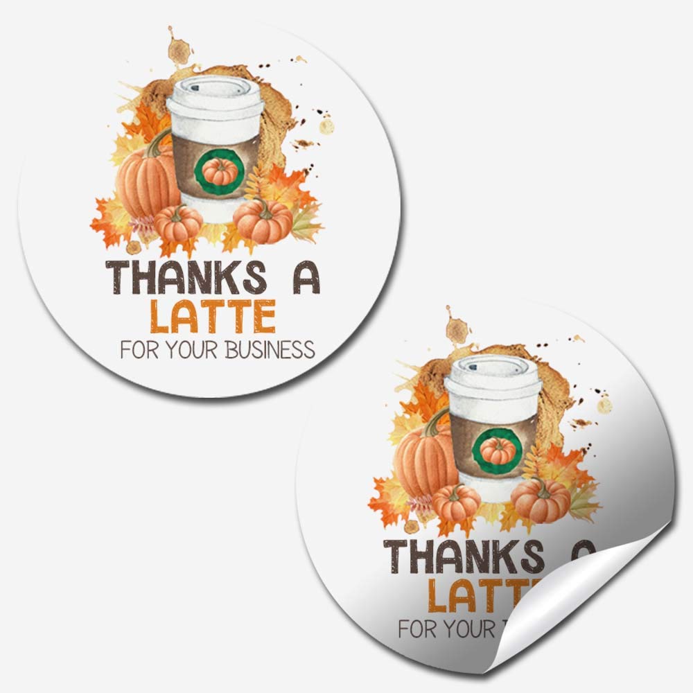 Thanks A Latte Fall & Autumn Pumpkin Spice Thank You Customer Appreciation Sticker Labels for Small Businesses, 60 1.5" Circle Stickers by AmandaCreation, for Envelopes, Postcards, Direct Mail, More!