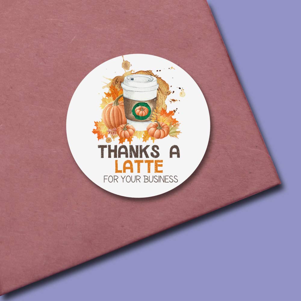 Thanks A Latte Fall & Autumn Pumpkin Spice Thank You Customer Appreciation Sticker Labels for Small Businesses, 60 1.5" Circle Stickers by AmandaCreation, for Envelopes, Postcards, Direct Mail, More!