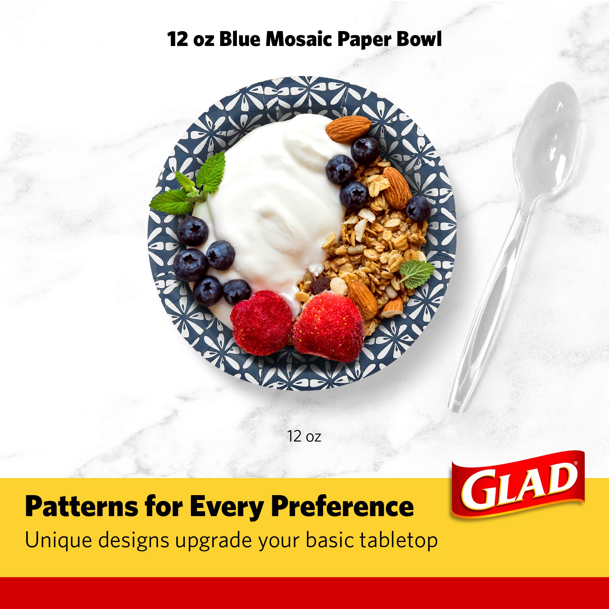 Glad Disposable Paper Bowls with Blue Mosaic Design, 16 Ounces, Soak Proof, Cut-Proof, Microwaveable, 300 Count | Strong and Heavy Duty Paper Bowls | Disposable Paper Bowls for Everyday Use