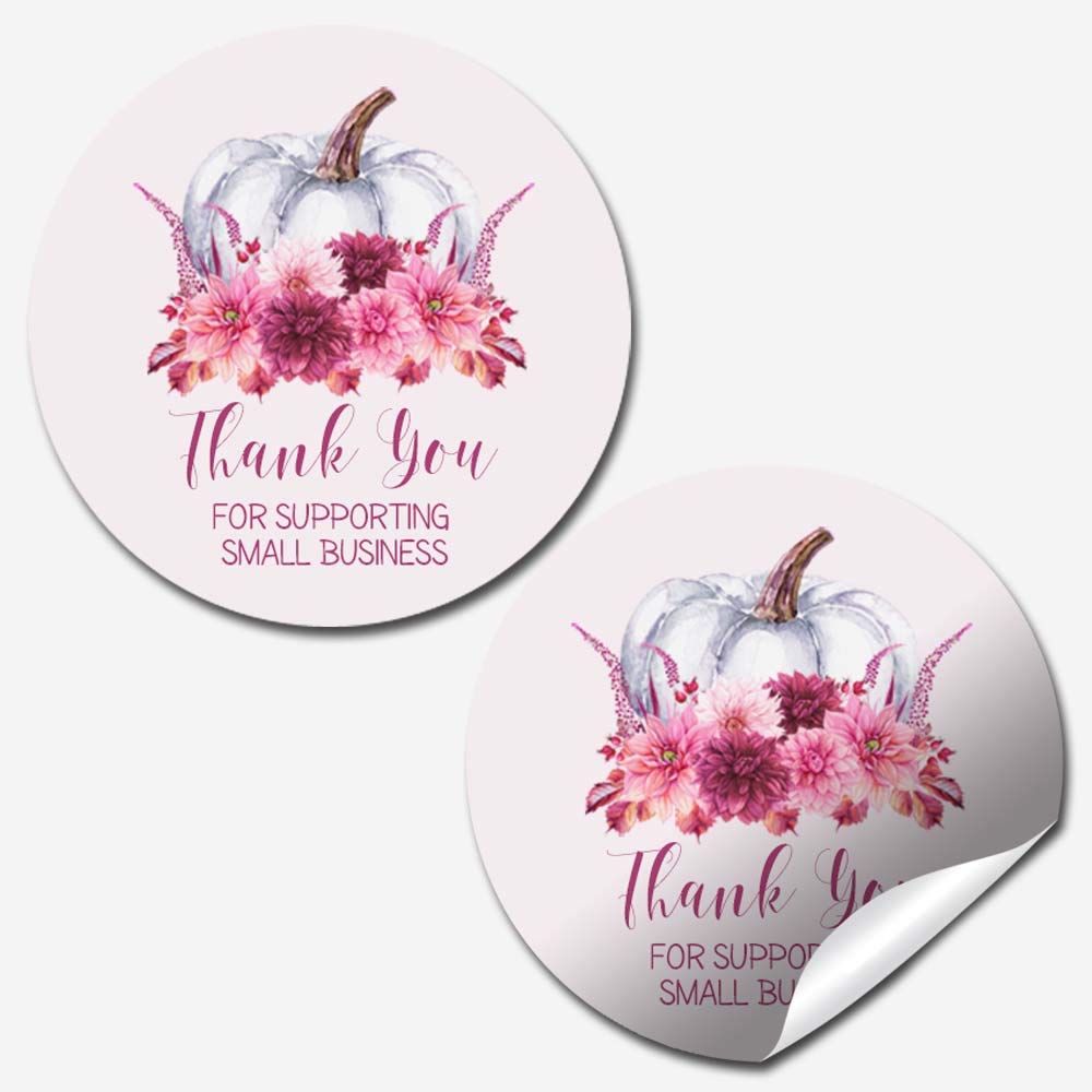 Beautiful Pink Floral Pumpkin Fall & Autumn Thank You Customer Appreciation Sticker Labels for Small Businesses, 60 1.5" Circle Stickers by AmandaCreation, for Envelopes, Postcards, Direct Mail, More!