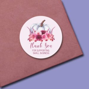 Beautiful Pink Floral Pumpkin Fall & Autumn Thank You Customer Appreciation Sticker Labels for Small Businesses, 60 1.5" Circle Stickers by AmandaCreation, for Envelopes, Postcards, Direct Mail, More!