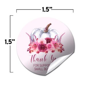 Beautiful Pink Floral Pumpkin Fall & Autumn Thank You Customer Appreciation Sticker Labels for Small Businesses, 60 1.5" Circle Stickers by AmandaCreation, for Envelopes, Postcards, Direct Mail, More!