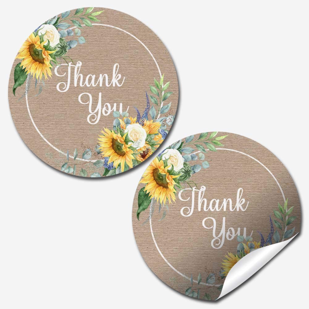 Beautiful Floral Sunflower On Kraft Thank You Customer Appreciation Sticker Labels for Small Businesses, 60 1.5" Circle Stickers by AmandaCreation, Great for Envelopes, Postcards, Direct Mail, & More!