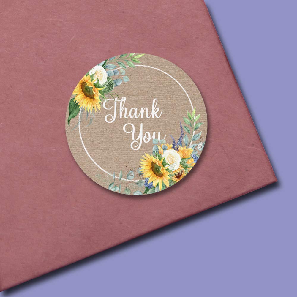 Beautiful Floral Sunflower On Kraft Thank You Customer Appreciation Sticker Labels for Small Businesses, 60 1.5" Circle Stickers by AmandaCreation, Great for Envelopes, Postcards, Direct Mail, & More!