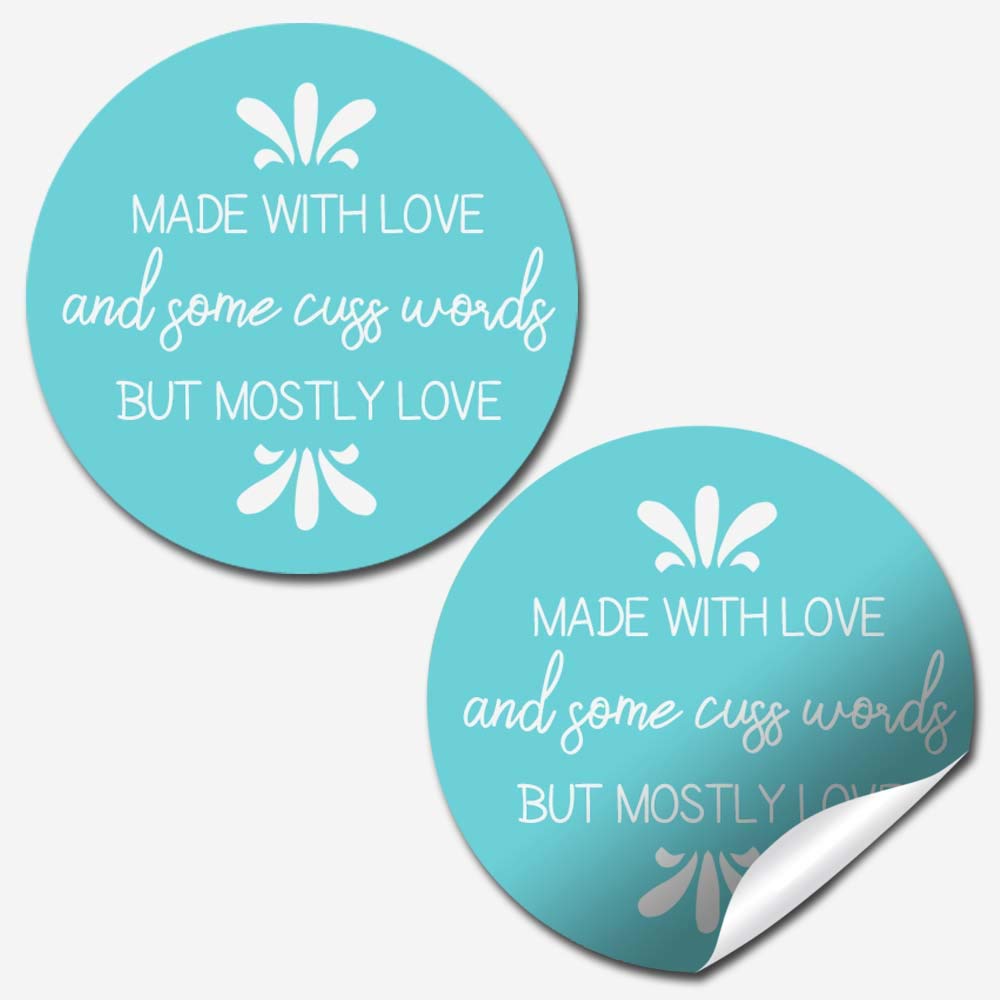 Funny Made With Love And Cuss Words Thank You Customer Appreciation Sticker Labels for Small Businesses, 60 1.5" Circle Stickers by AmandaCreation, Great for Envelopes, Postcards, Direct Mail, & More!