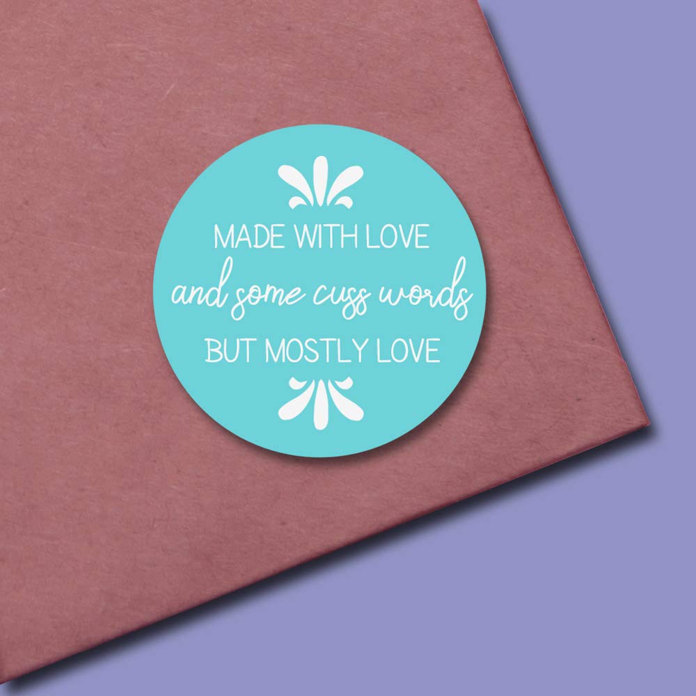 Funny Made With Love And Cuss Words Thank You Customer Appreciation Sticker Labels for Small Businesses, 60 1.5" Circle Stickers by AmandaCreation, Great for Envelopes, Postcards, Direct Mail, & More!