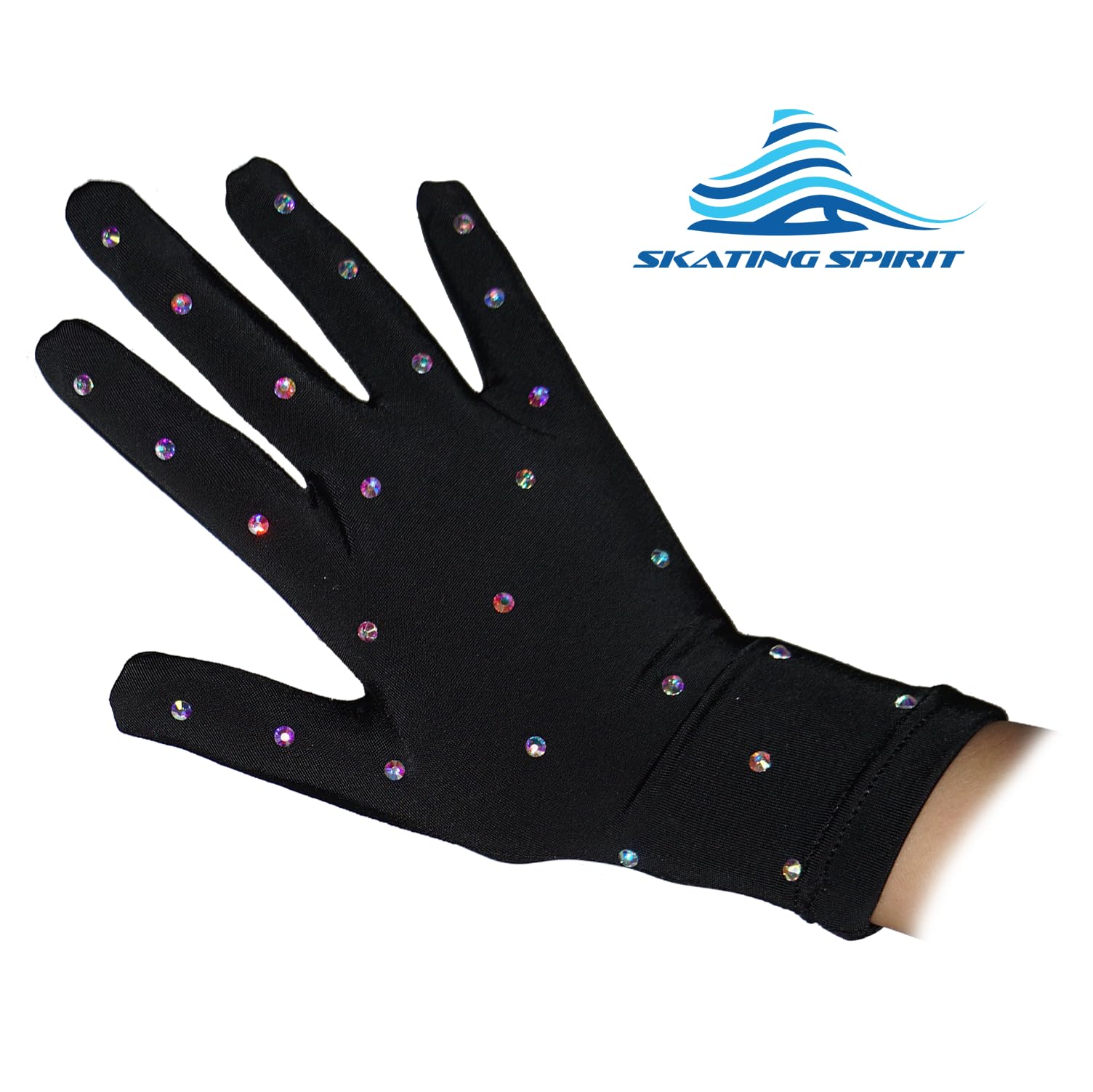 Skating Spirit Figure Skating Competition Thermal Gloves (1 pair) Sparkle Rhinestone Decoration, for Performance Test Show Dance (Black, Large)