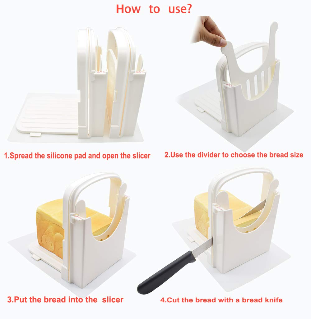 Aobrill Bread Slicer for Homemade Bread Foldable Toast Slicer with Non-slip Mat (White)