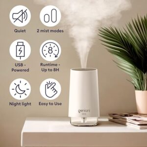 GENIANI Portable Small Cool Mist Humidifiers 250ML - USB Desktop Humidifier for Plants, Office, Car, Baby Room with Auto Shut Off & Night Light - Quiet Mini Humidifier (White)