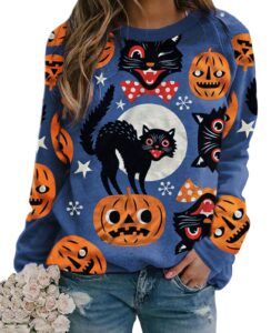 neyaolk women halloween sweatshirt pullover lightweight - pumpkins cats moon printing raglon long sleeve blouse blue xxl