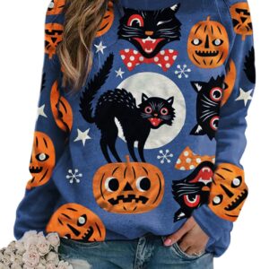 Neyaolk Women Halloween Sweatshirt Pullover Lightweight - Pumpkins Cats Moon Printing Raglon Long Sleeve Blouse Blue XXL