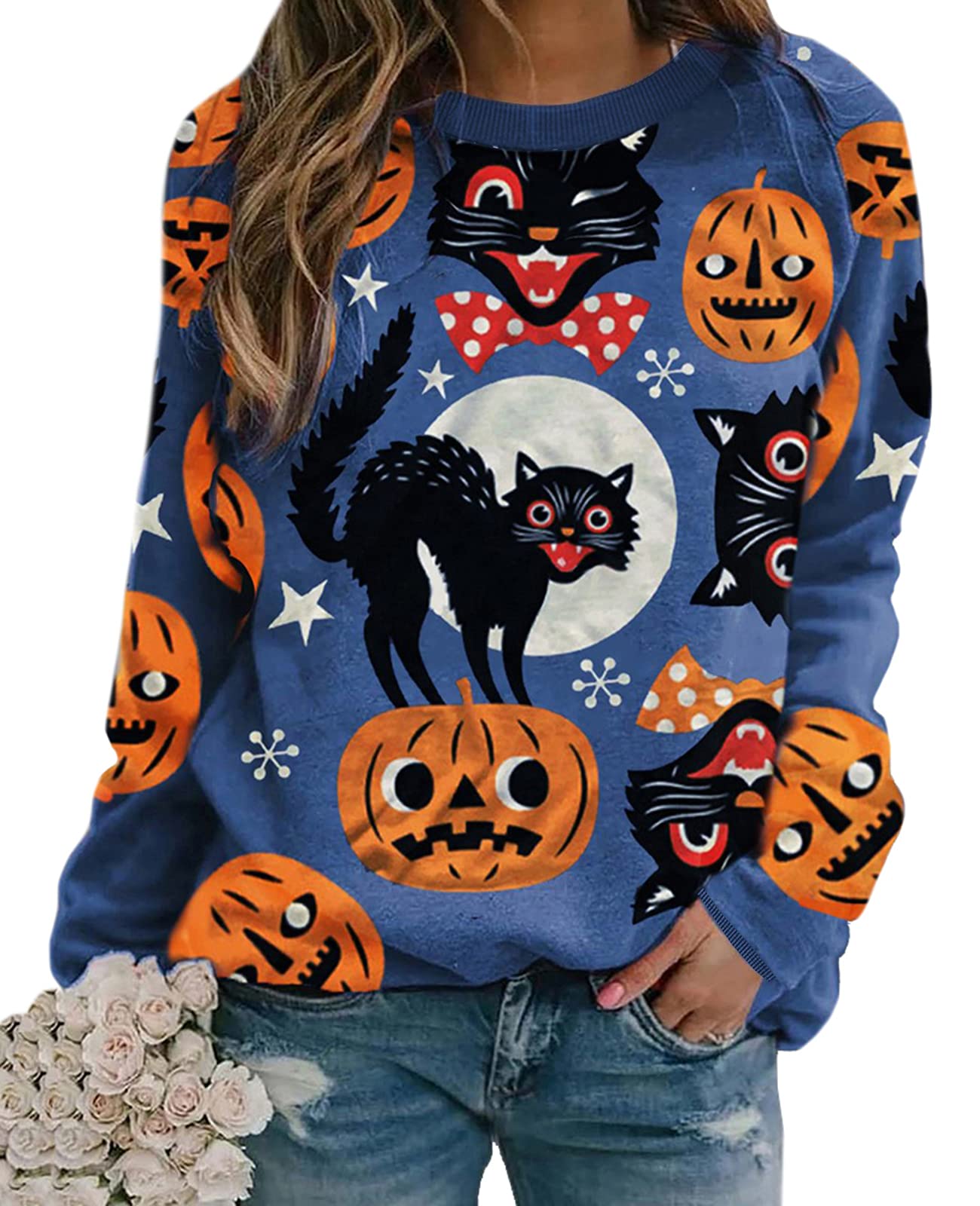 Neyaolk Women Halloween Sweatshirt Pullover Lightweight - Pumpkins Cats Moon Printing Raglon Long Sleeve Blouse Blue XXL