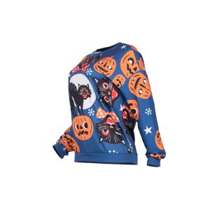 Neyaolk Women Halloween Sweatshirt Pullover Lightweight - Pumpkins Cats Moon Printing Raglon Long Sleeve Blouse Blue XXL