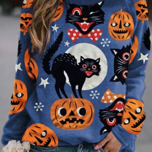 Neyaolk Women Halloween Sweatshirt Pullover Lightweight - Pumpkins Cats Moon Printing Raglon Long Sleeve Blouse Blue XXL