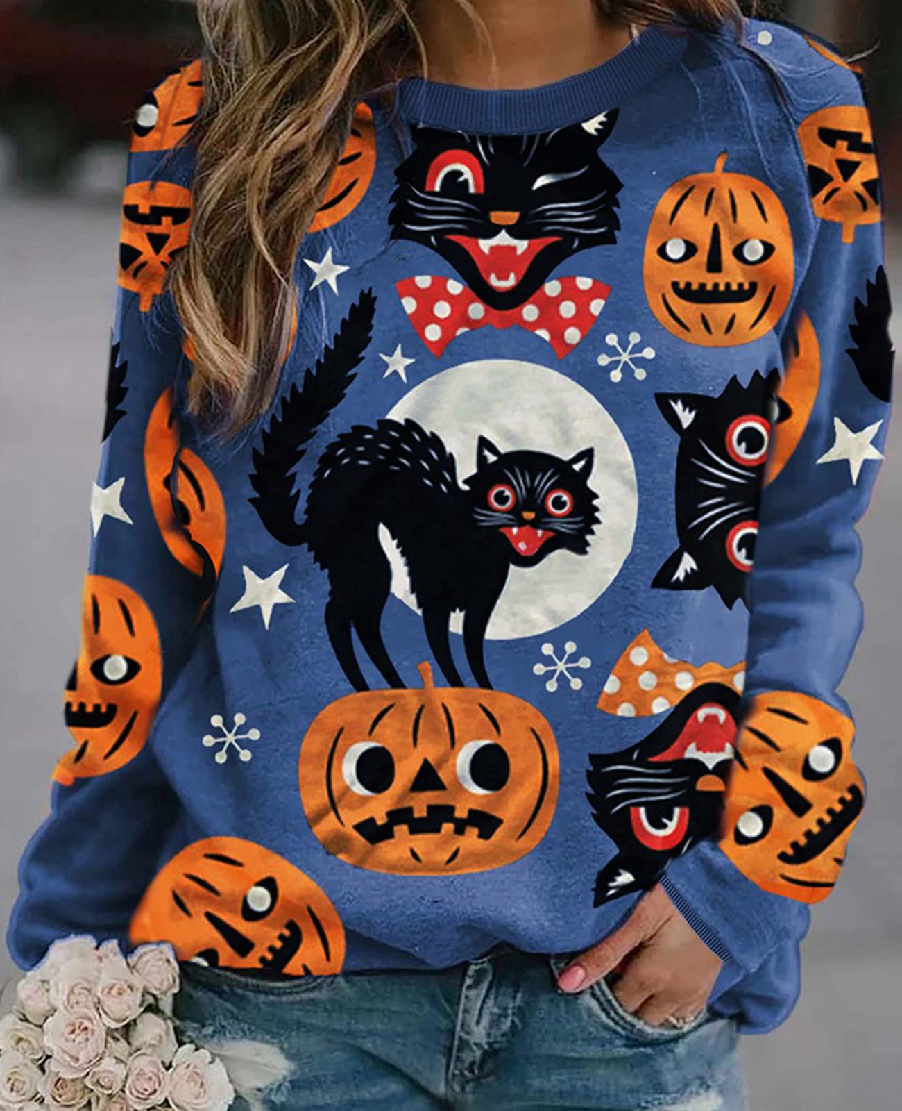 Neyaolk Women Halloween Sweatshirt Pullover Lightweight - Pumpkins Cats Moon Printing Raglon Long Sleeve Blouse Blue XXL