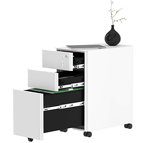 YITAHOME 3-Drawer Slim File Cabinet with Lock, Mobile Metal Office Storage Filing Cabinet, Legal/Letter Size, Pre-Assembled File Cabinet Except Wheels Under Desk - White