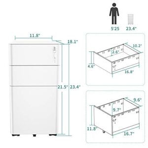 YITAHOME 3-Drawer Slim File Cabinet with Lock, Mobile Metal Office Storage Filing Cabinet, Legal/Letter Size, Pre-Assembled File Cabinet Except Wheels Under Desk - White