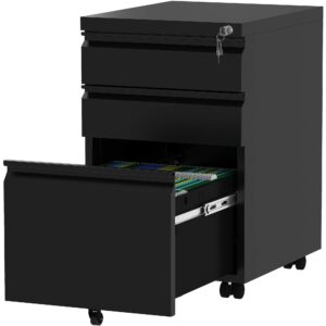 yitahome 3-drawer mobile file cabinet with lock, office storage filing cabinet for legal/letter size, pre-assembled metal file cabinet except wheels under desk -black