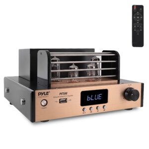 pyle bluetooth tube amplifier stereo receiver - 1000w home audio desktop stereo vacuum hi-fi power amplifier receiver w/ 4 vacuum tubes, usb/cd/dvd input, optical/coaxial, subwoofer output - pvta90