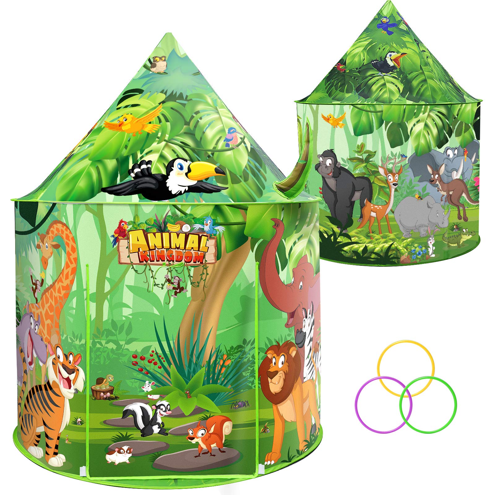 MayMoi Animal World Kids Play Tent with Ring Toss - Pop Up Tent for Kids Girls & Boys, Indoor Play Kids Tent & Foldable Playhouse Toy